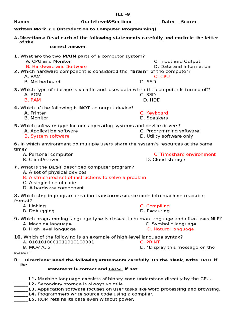 Computer Programming Basics Quiz | PDF | Computer Hardware | Computer ...