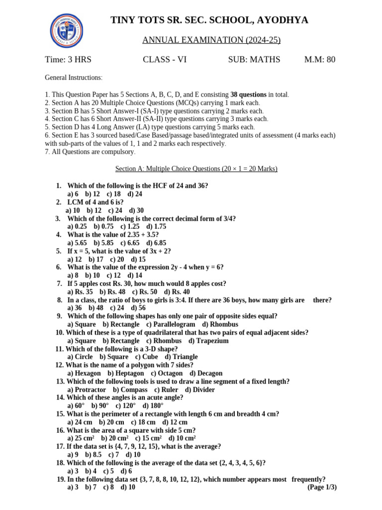 Class VI Maths Annual Exam Paper 2024-25 | PDF | Rectangle | Elementary ...