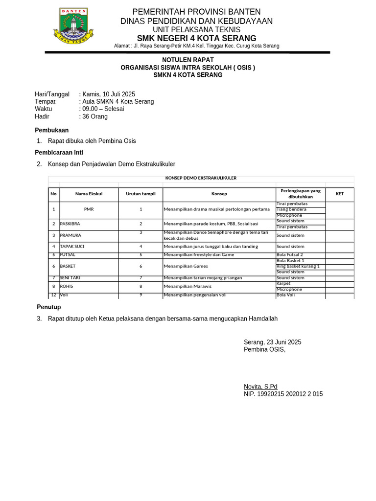 Notulen Rapat OSIS SMKN 4 Kota Serang | PDF