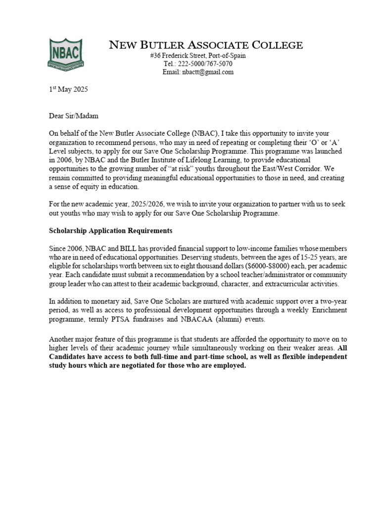 Save One Scholarship Program Invitation | PDF