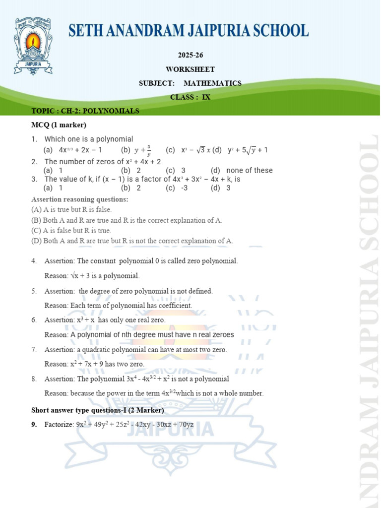 Class IX Mathematics: Polynomials MCQs | PDF | Numerical Analysis ...