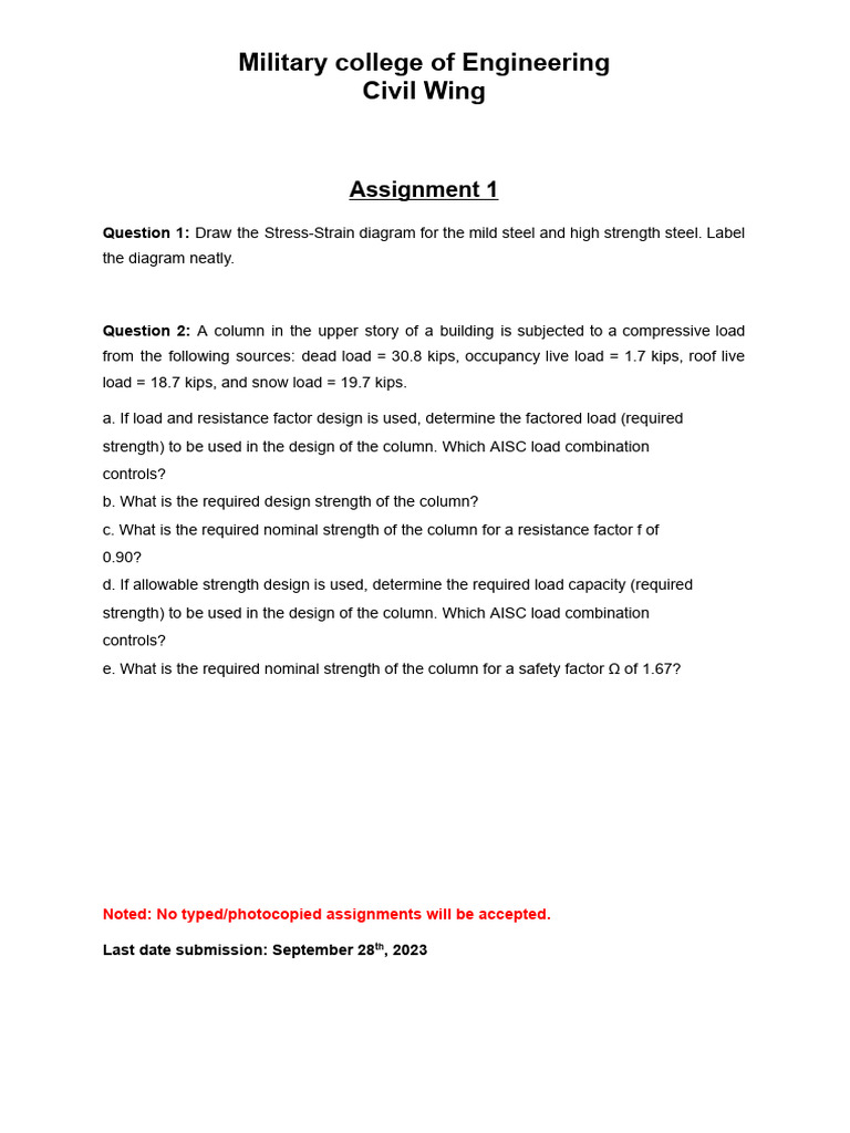 Military College of Engineering Civil Wing: Assignment 1 | PDF