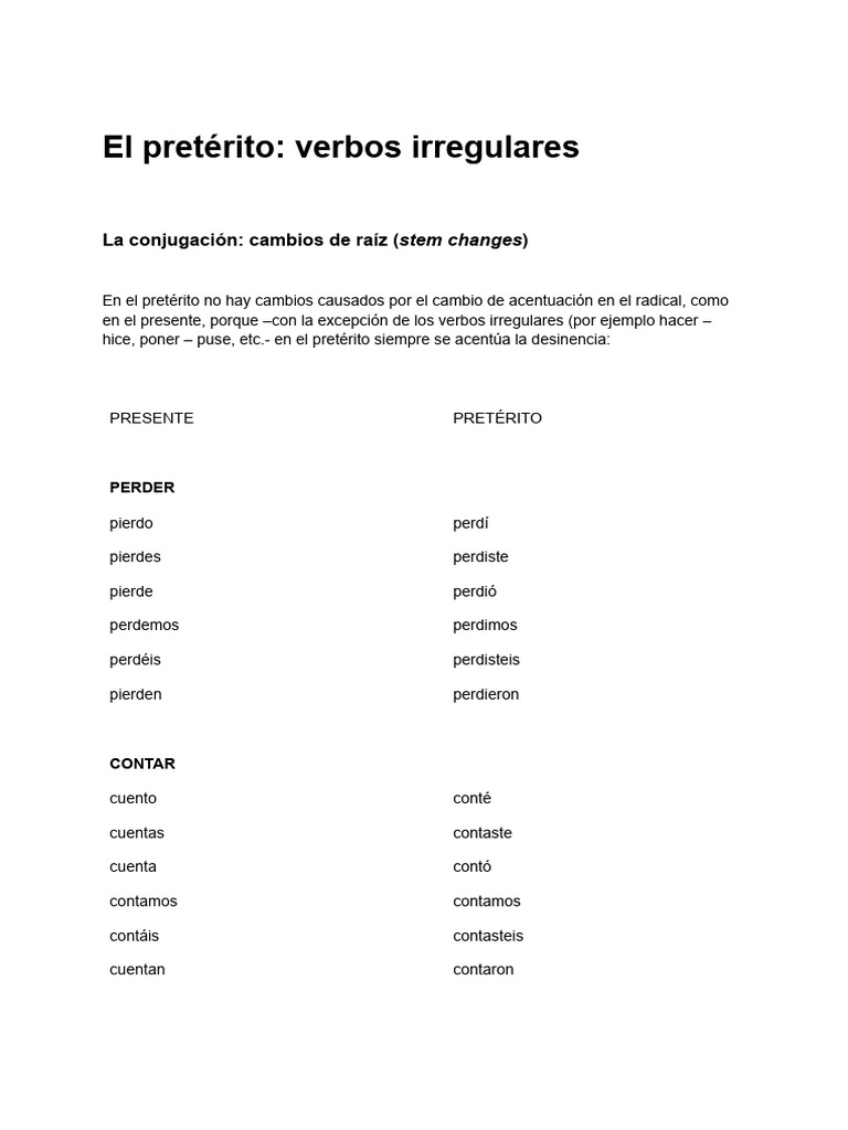 Verbos irregulares en el pretérito | PDF | Unidades Semánticas ...