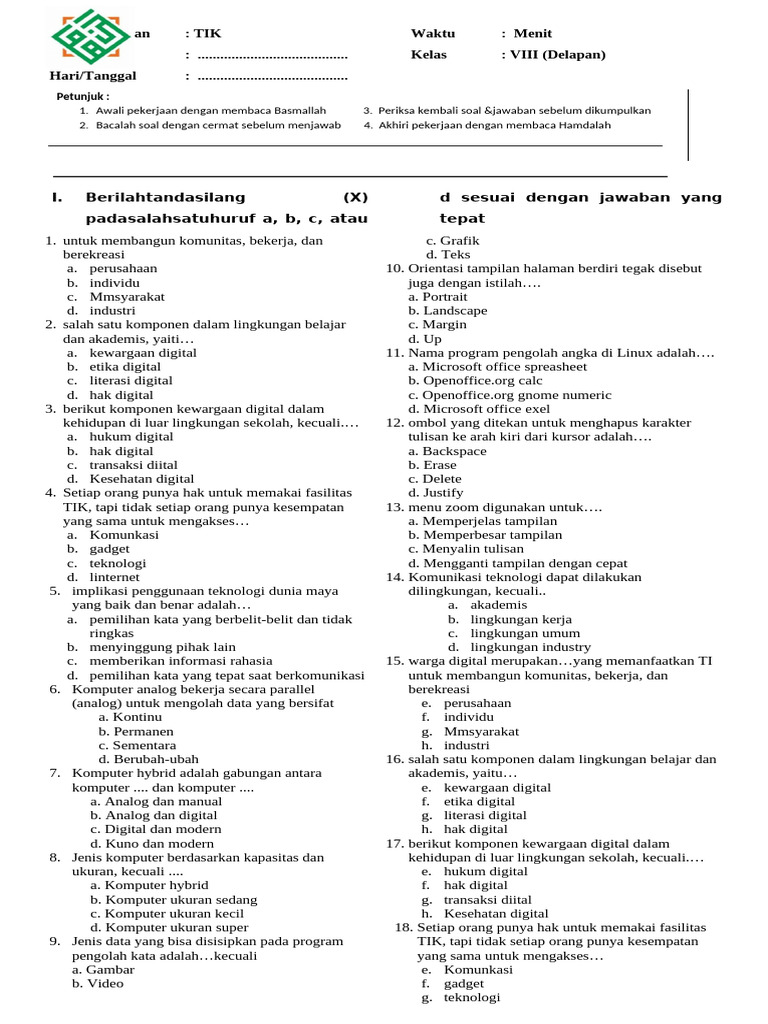 soal PAS tik 8 | PDF