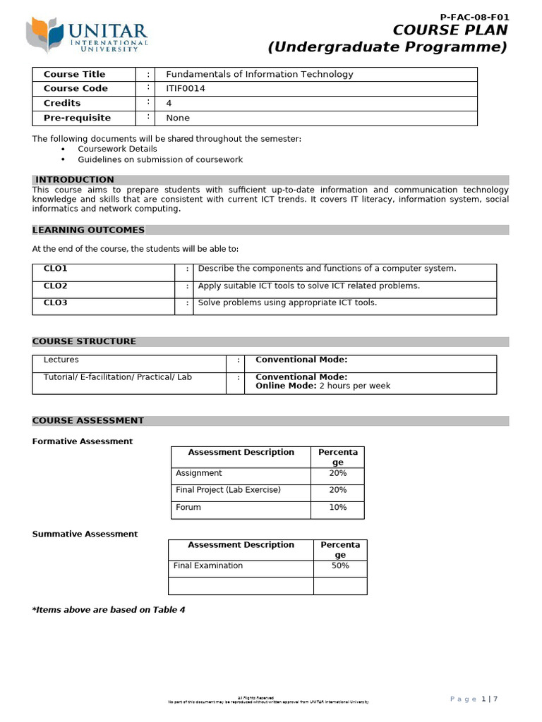 Course Plan ITIF0014 Fundamentals of Information Technology | PDF ...