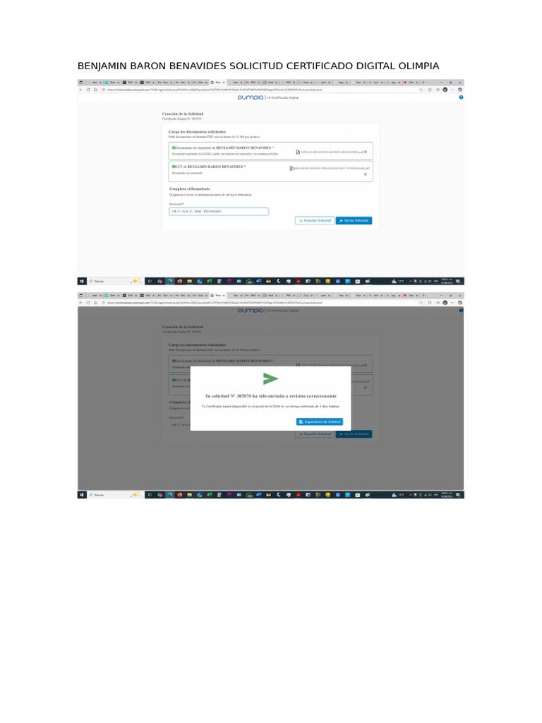 Benjamin Baron Benavides Solicitud Certificado Digital Olimpia | PDF