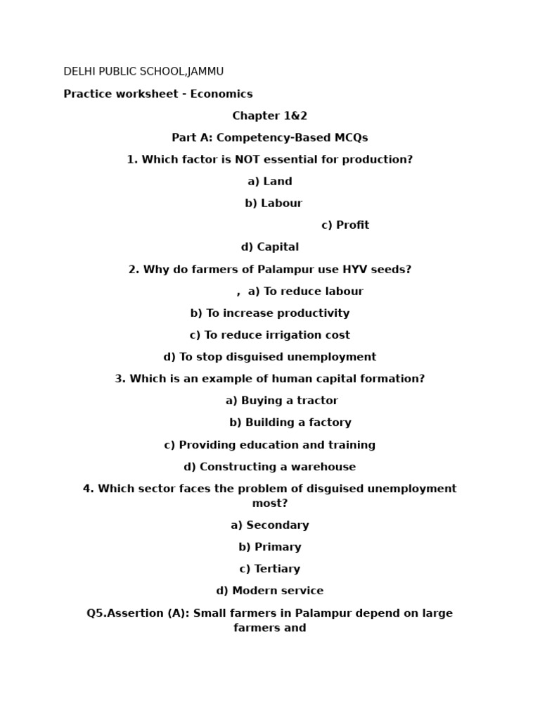 Economics Practice Worksheet for DPS Jammu | PDF | Smallholding ...