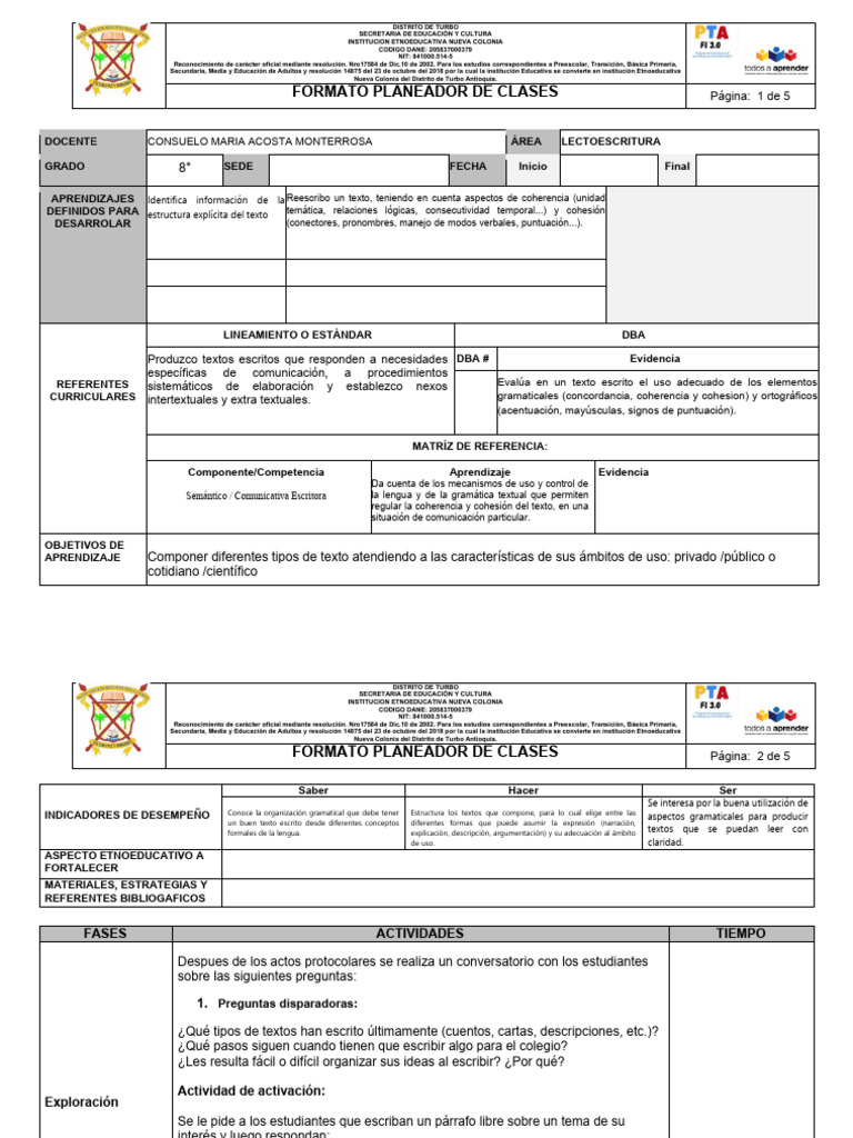 Planeador de Clases: Lectoescritura 8° | PDF | Educación de la primera ...