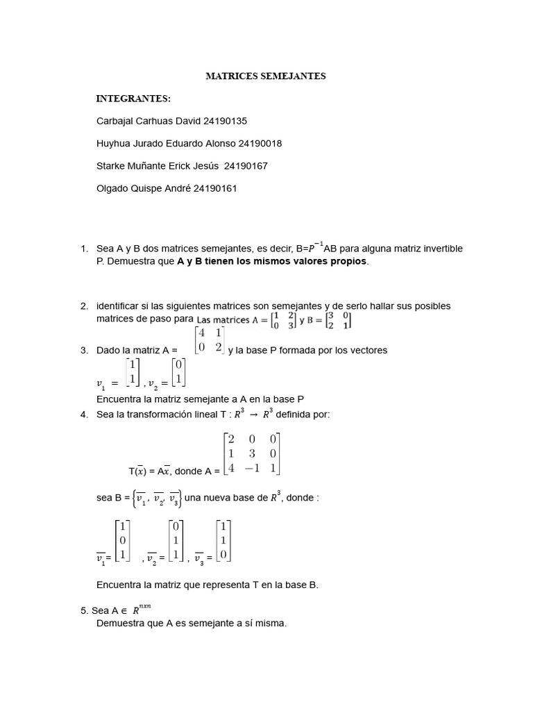 Ejercicios Matrices Semejantes Grupo 2 | PDF