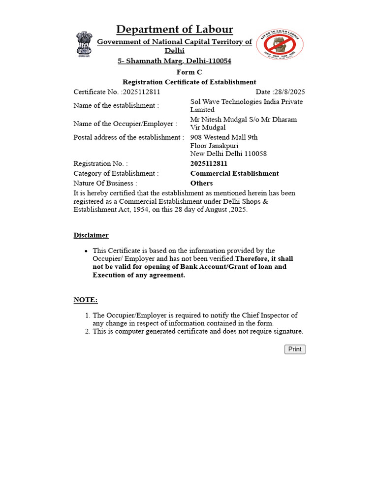Shop Establishment Certificate Delhi | PDF
