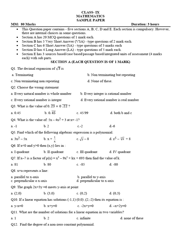 HY Math Sample Paper - IX | PDF | Triangle | Numbers