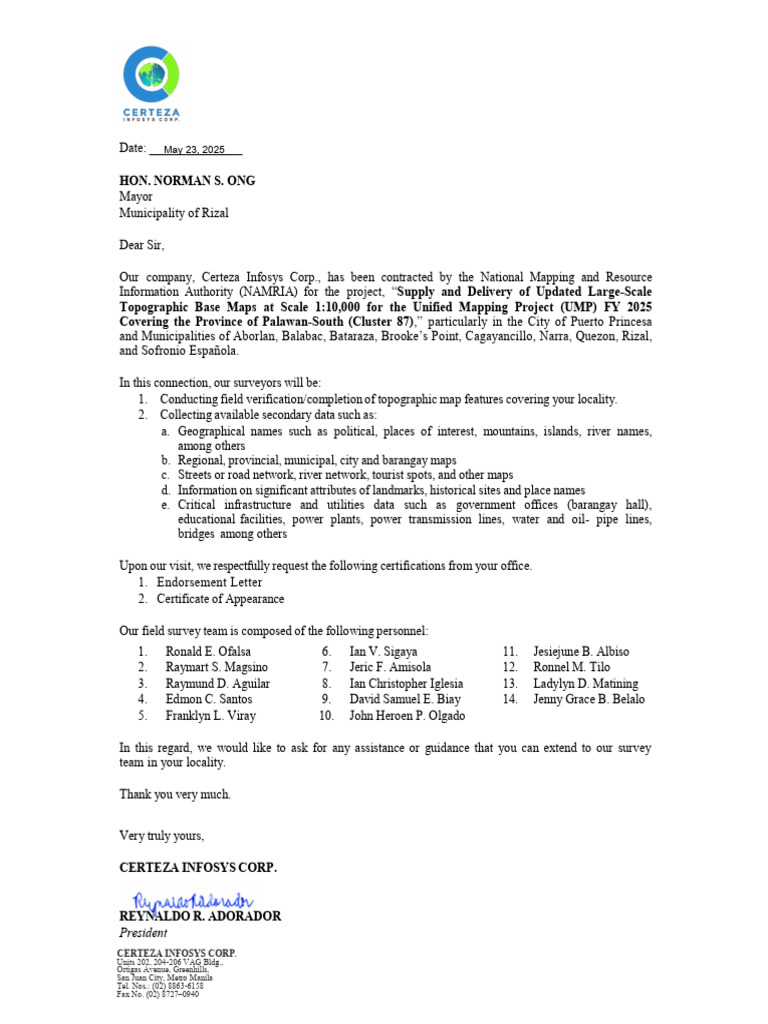 Courtesy Letter and NAMRIA Certification For Municipality of Rizal | PDF