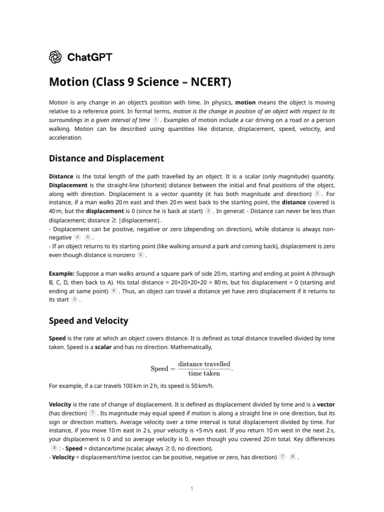 Motion (Class 9 Science - NCERT) | PDF | Acceleration | Velocity