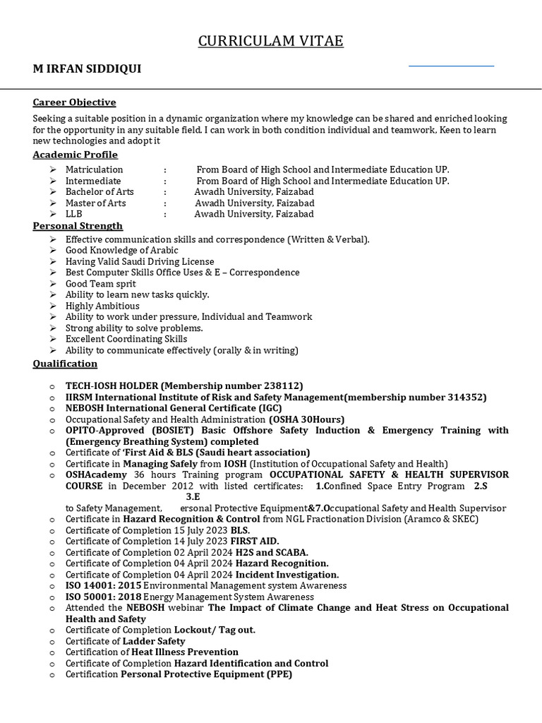 HSE Officer CV for Aramco Application | PDF | Safety | Occupational ...