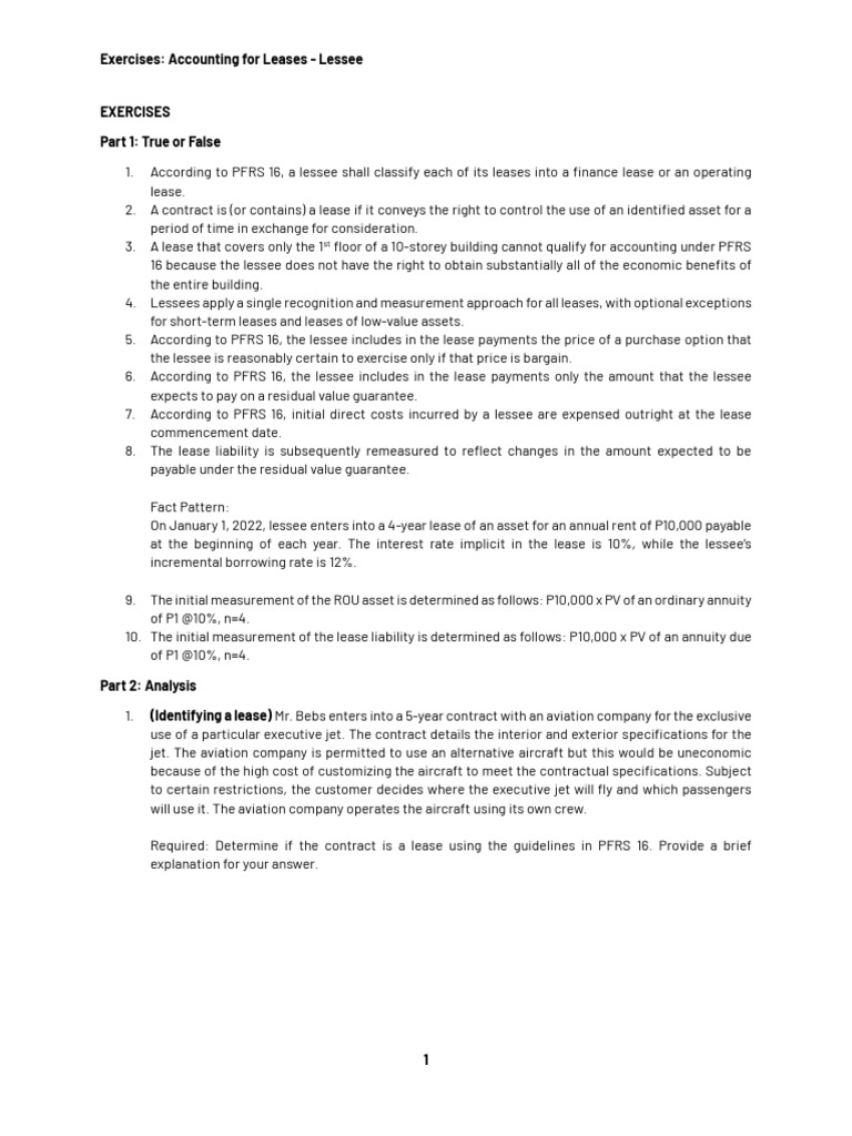 Accounting Exercises for Leases - Lessee | PDF | Lease | Private Law