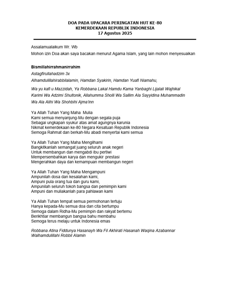 Doa Upacara HUT Ke-80 Kemerdekaan RI | PDF