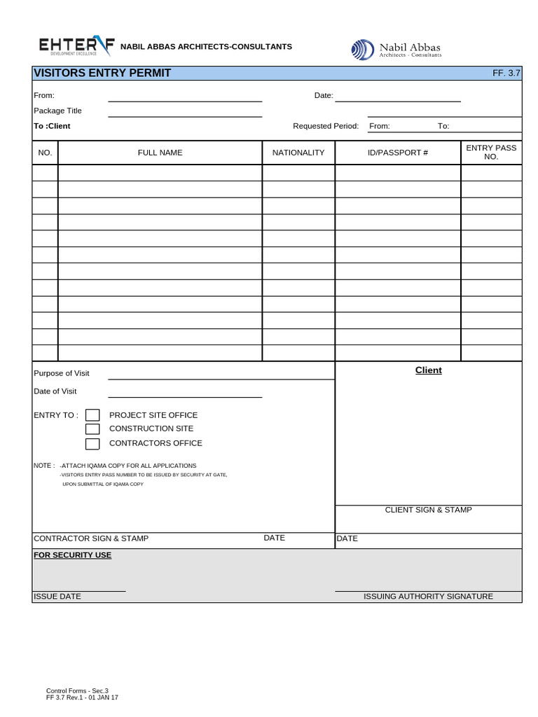 Visitor Entry Permit Form Template | PDF