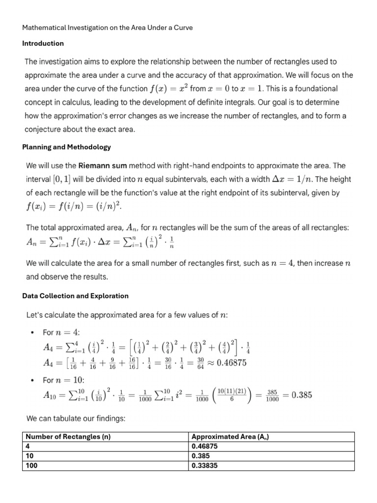 Mathematical Investigation On The Area Under A Curve | PDF