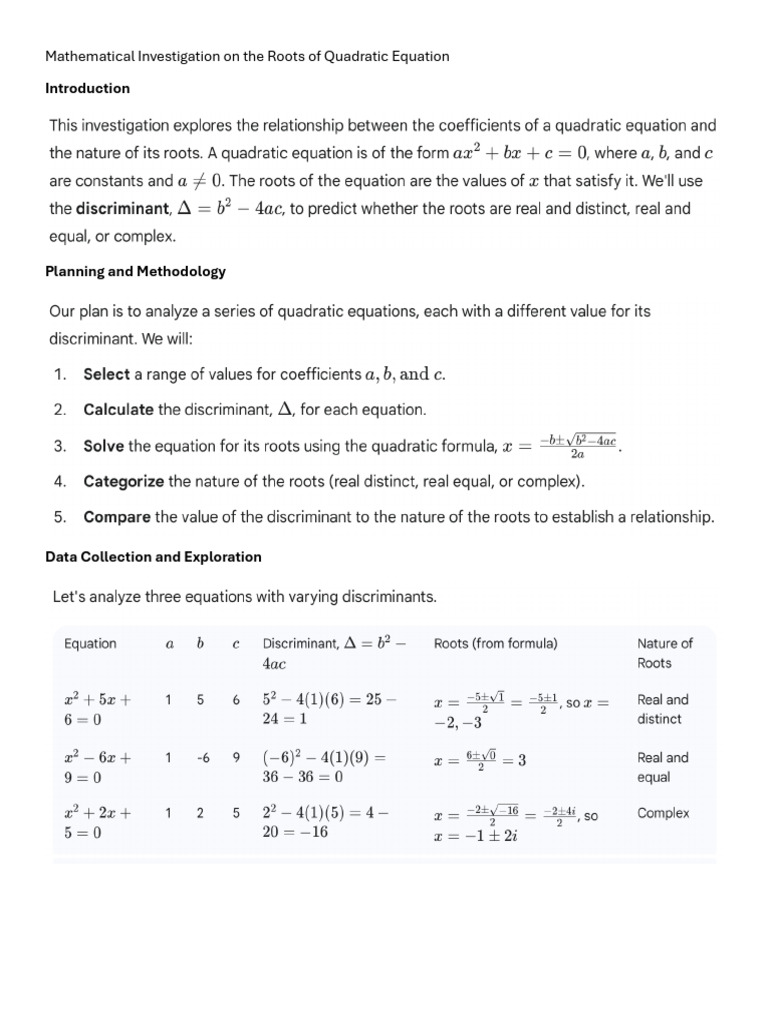 Mathematical Investigation on the Roots of Quadratic Equation | PDF