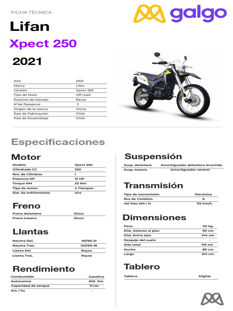Ficha T Cnica Lifan Xpect 250 | PDF