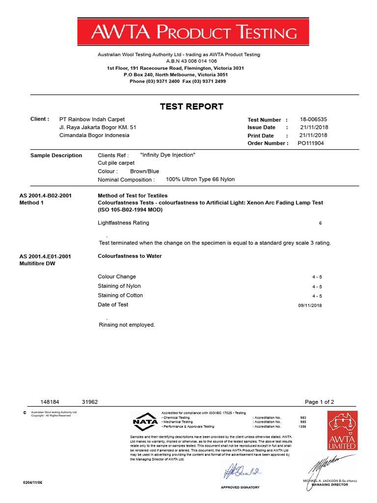 AWTA Test Report for Nylon Carpet | PDF