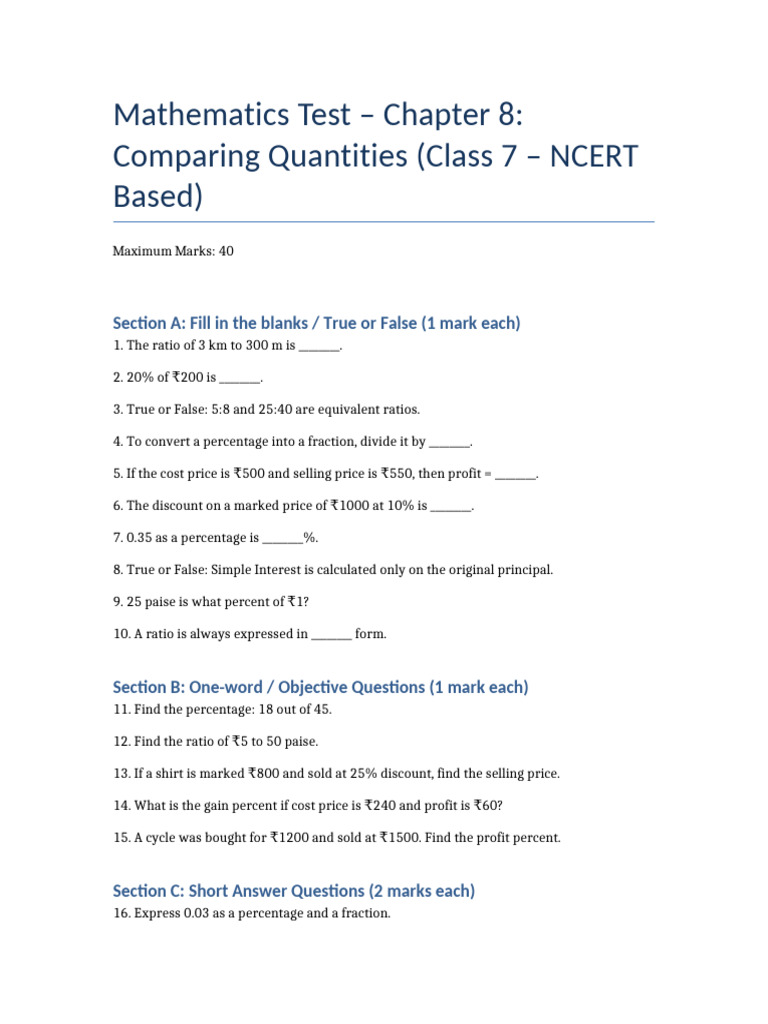 Chapter8 Comparing Quantities Test Class7 | PDF