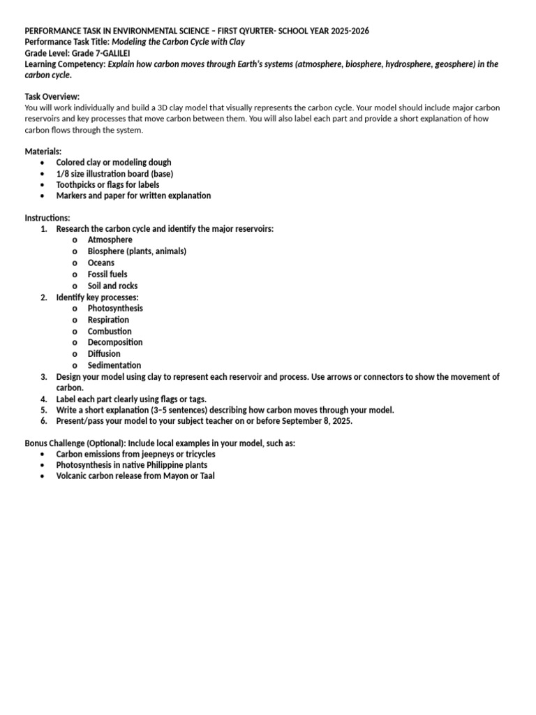 Carbon Cycle Modeling Task for Grade 7 | PDF | Carbon Cycle | Physical ...