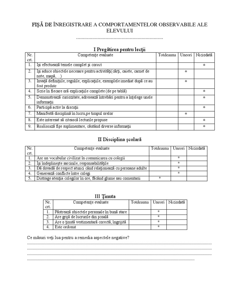 Fisa de Observatie a Comportamentului Elevului