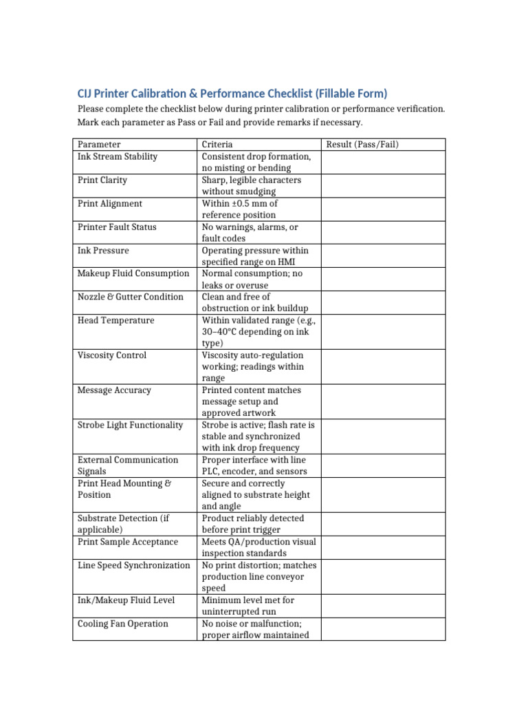 CIJ Printer Calibration Checklist Fillable v2 | PDF | Printer ...