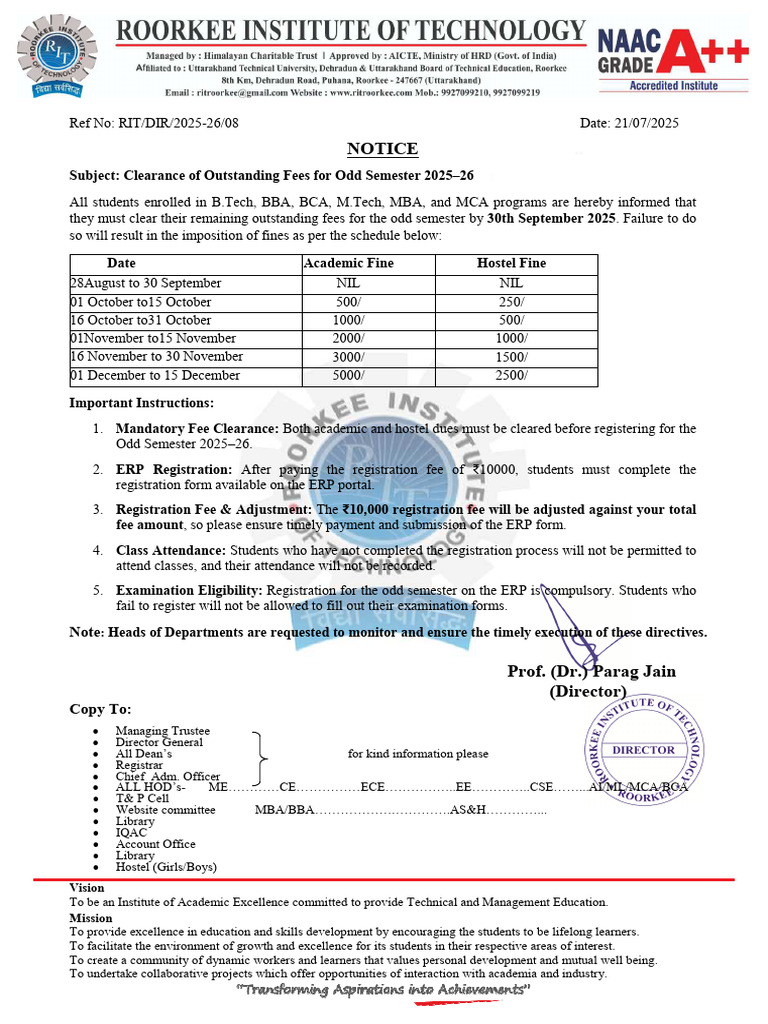 Outstanding Fees Clearance Notice 2025-26 | PDF