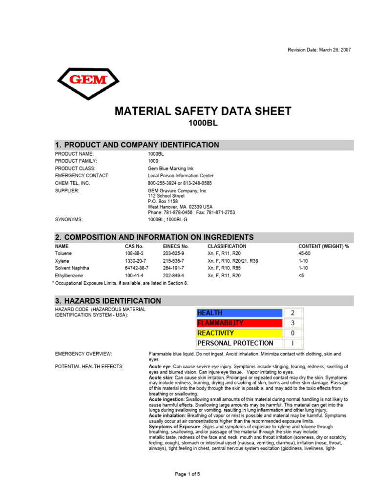 Gem Blue Marking Ink Safety Data Sheet | PDF