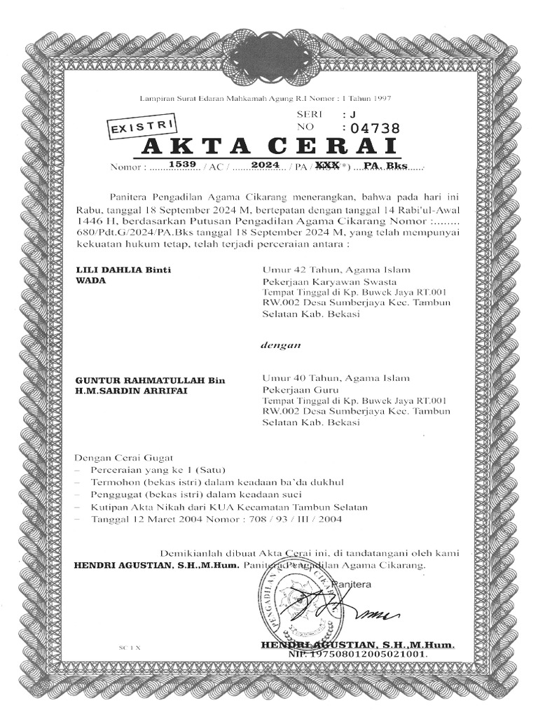 Akta Cerai Cikarang 2024 | PDF