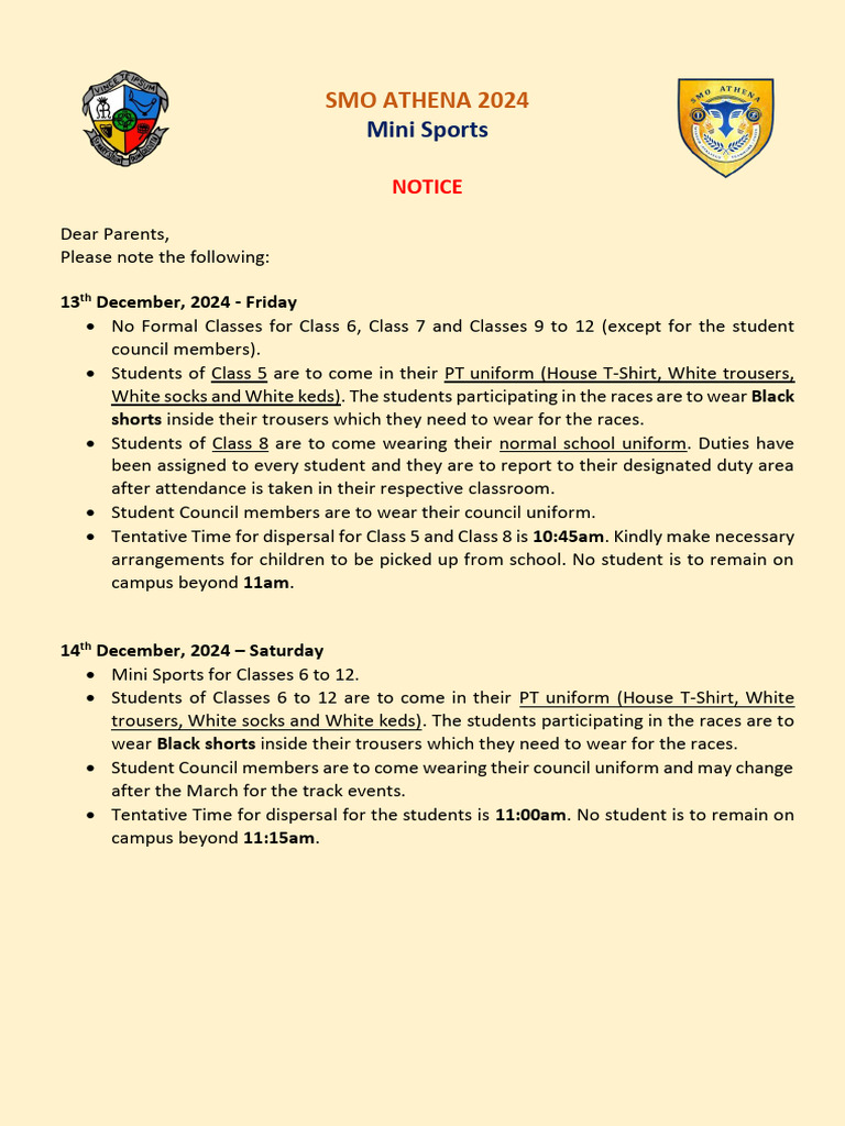 SMO Athena 2024 Mini Sports Notice | PDF