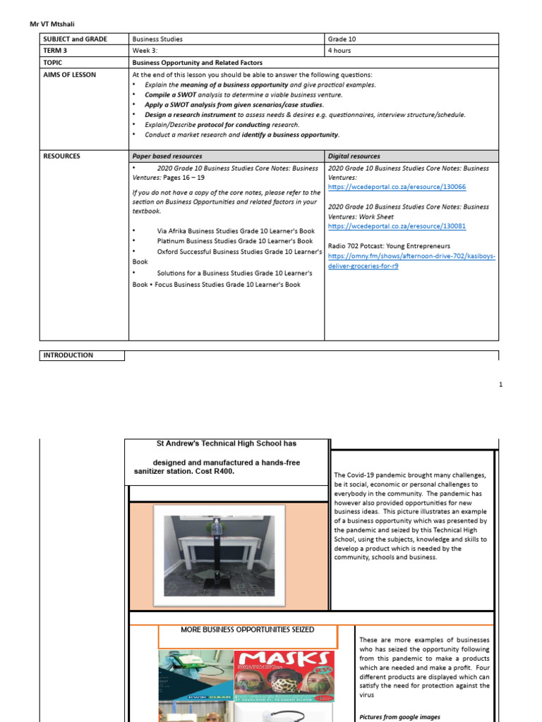 Business Opportunities for Grade 10 | PDF | Swot Analysis | Questionnaire