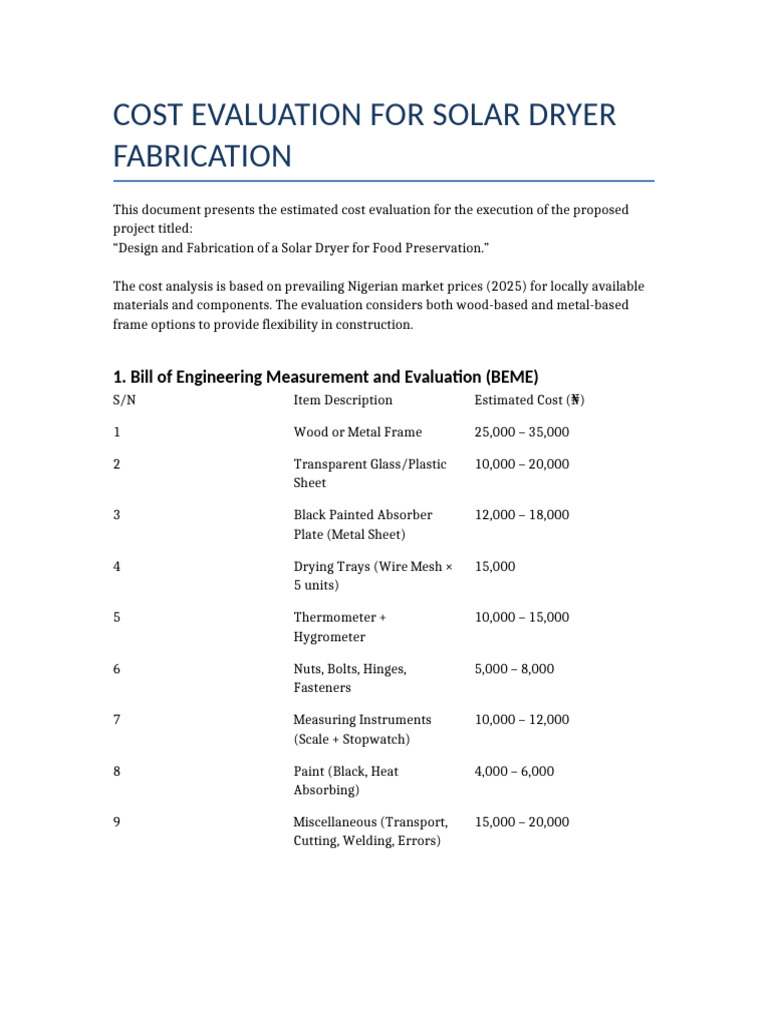 Solar Dryer Cost Evaluation Final | PDF