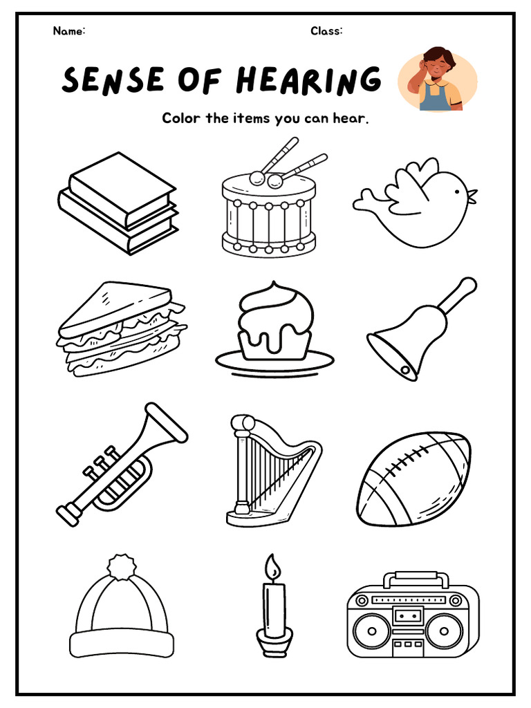 Sense of Hearing and Smell Color Worksheet in Black and White Style | PDF