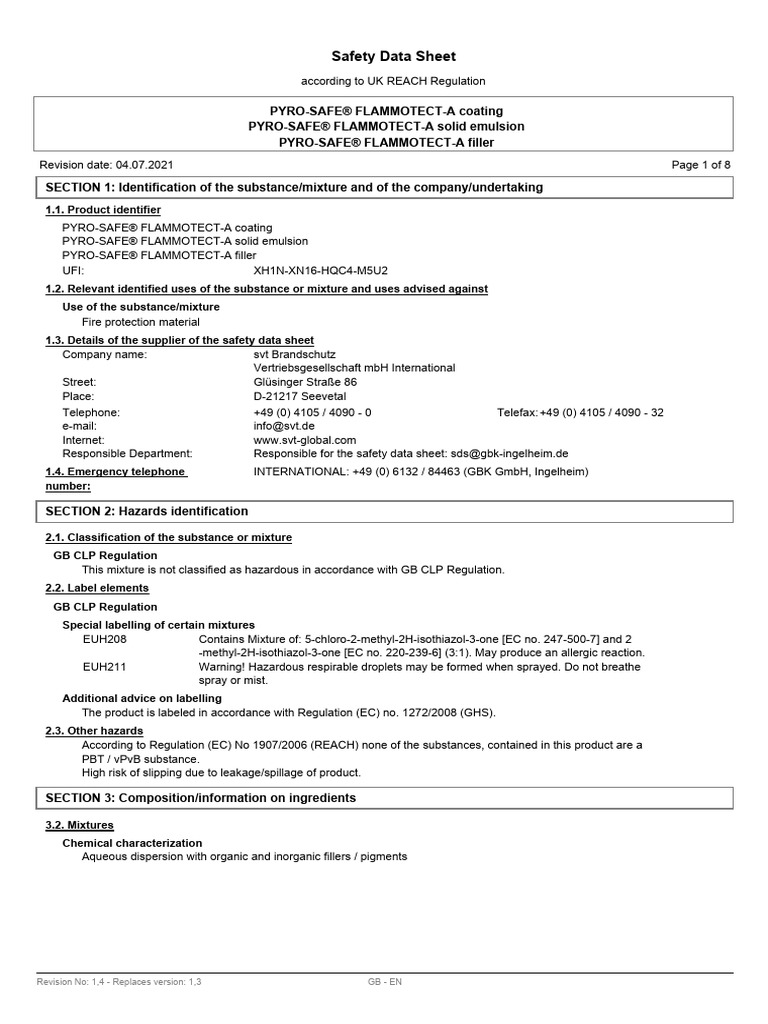 UK REACH Safety Data Sheet: PYRO-SAFE® FLAMMOTECT-A | PDF ...
