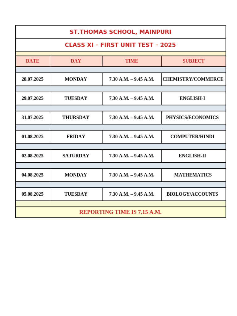 Class XI - First Unit Test Time Table | PDF