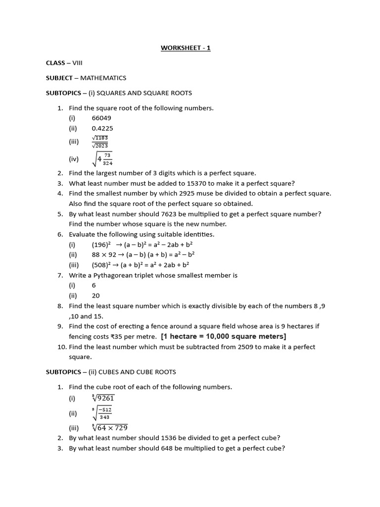 Grade 8 Square and Cube Roots Worksheet | PDF | Numbers | Discrete ...