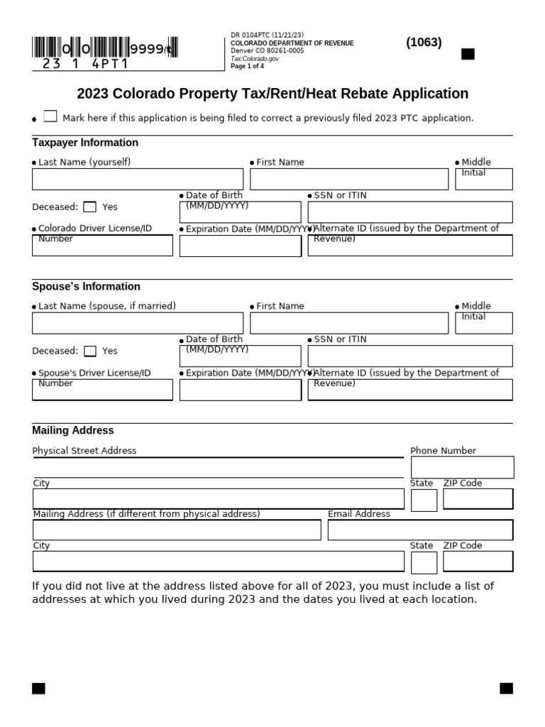Main Form Dr0104ptc Colorado Property Tax Rent Heat Rebate Application ...