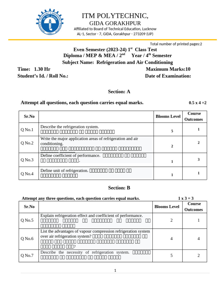 RAC CT-1 (2023-24) Poly Even Sem | PDF