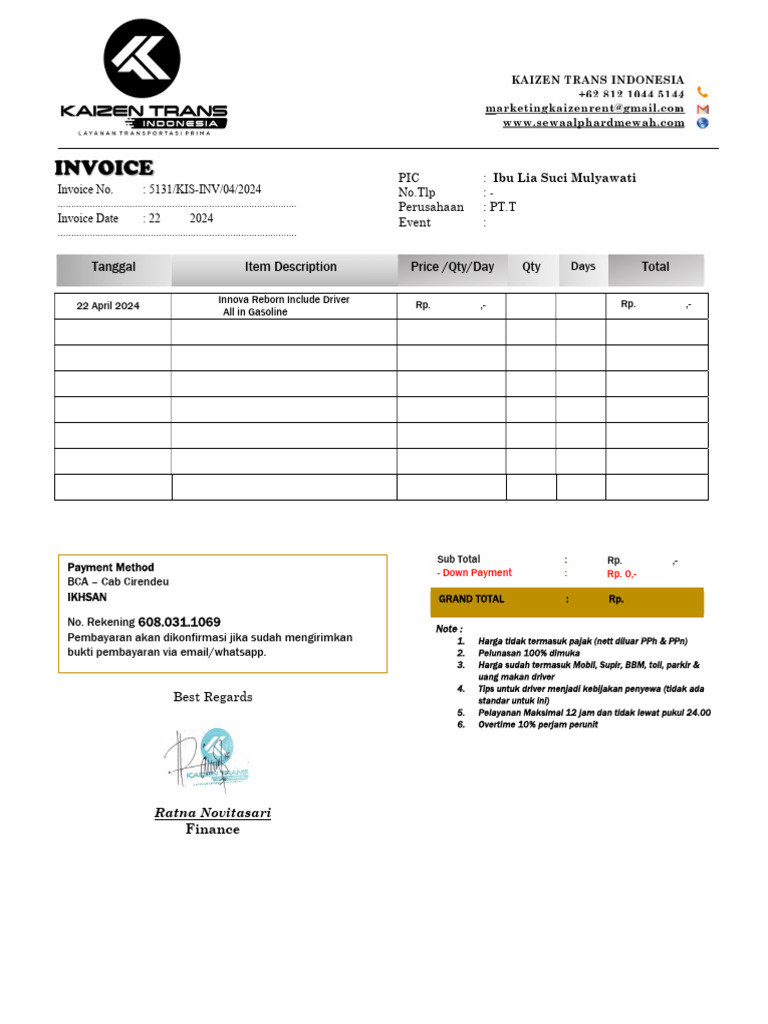 Invoice Ibu Lia (Innova Reborn 22 April 2024) | PDF