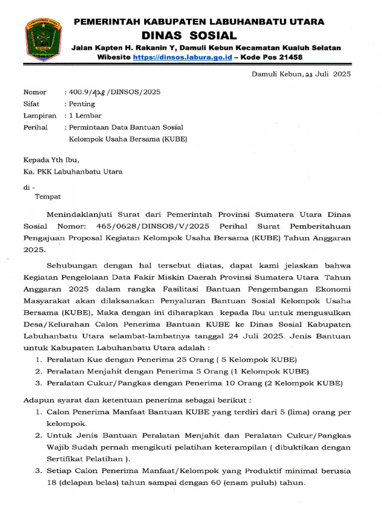 Surat Permintaan Data Bantuan KUBE | PDF