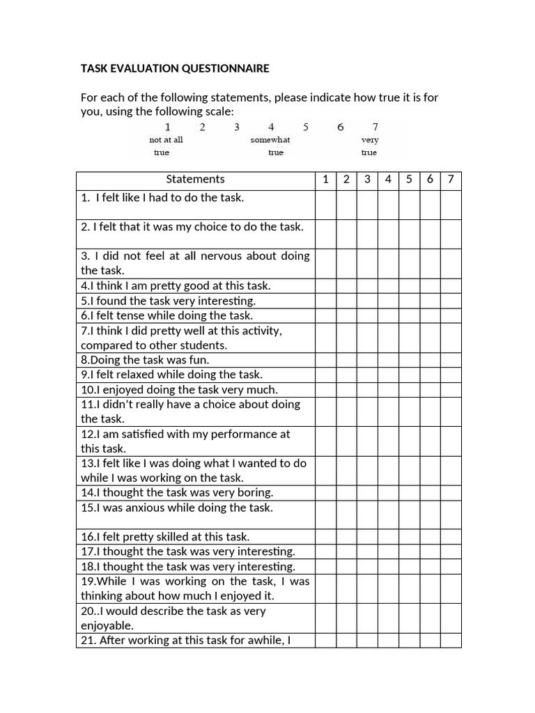 Task Evaluation Questionnaire Guide | PDF