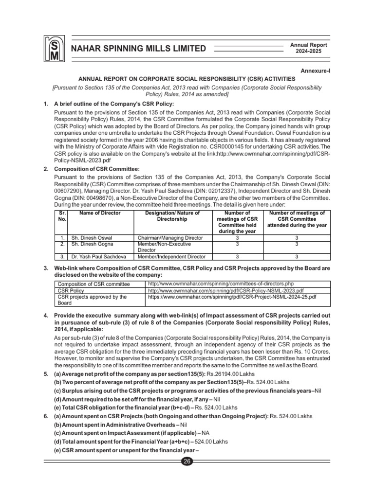 Nahar Spinning Mills CSR Report 2024-25 | PDF | Corporate Social ...