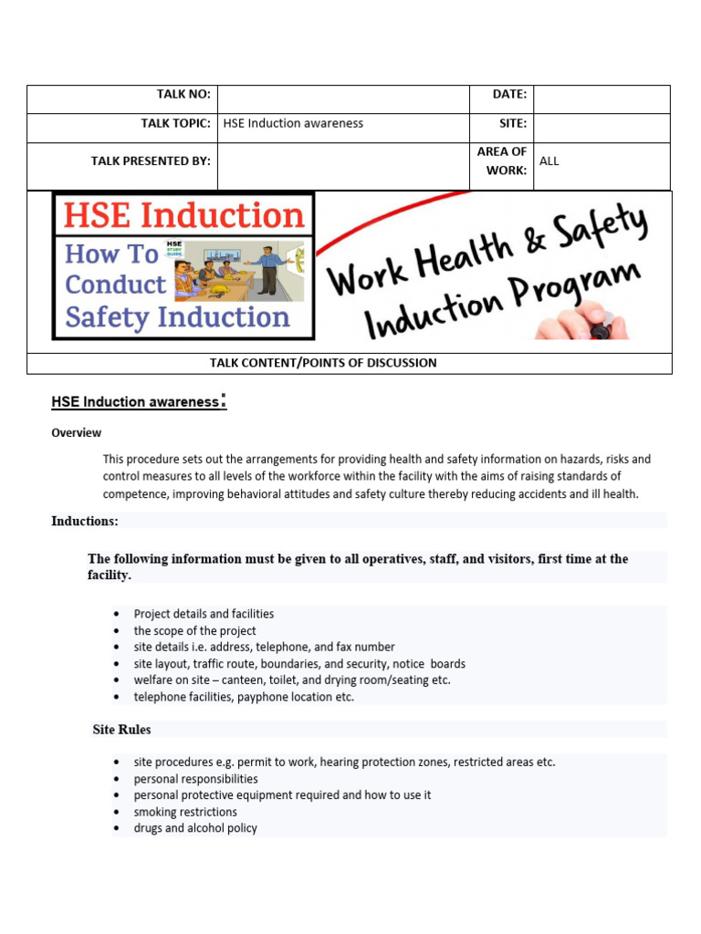 HSE Induction Awareness Overview | PDF | Safety | Occupational Safety ...