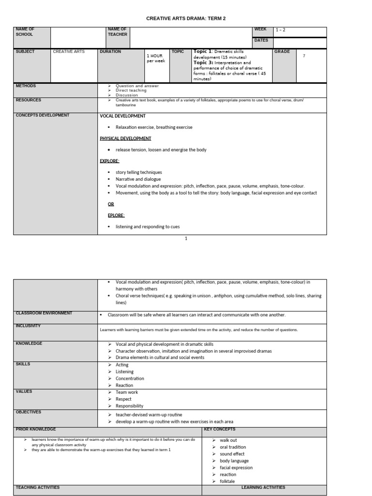 Creative Arts Lesson Plan Term 2 Week 1 - 2 Drama | PDF | Learning ...