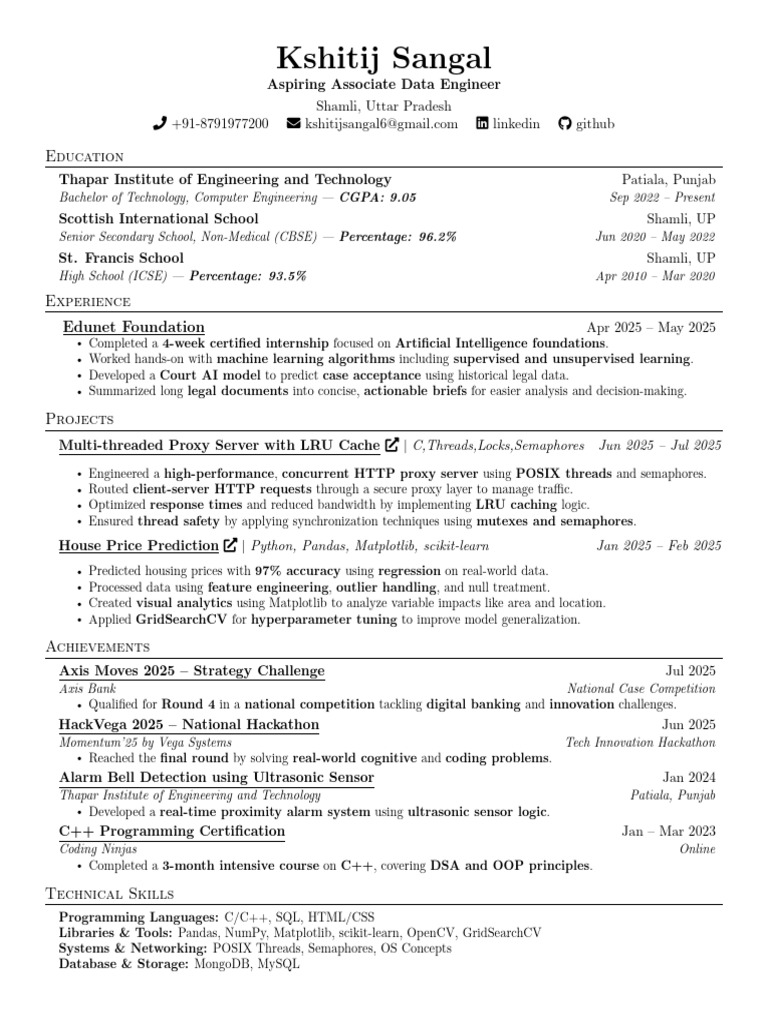 Kshitij Sangal Resume | PDF | Thread (Computing) | Artificial Intelligence