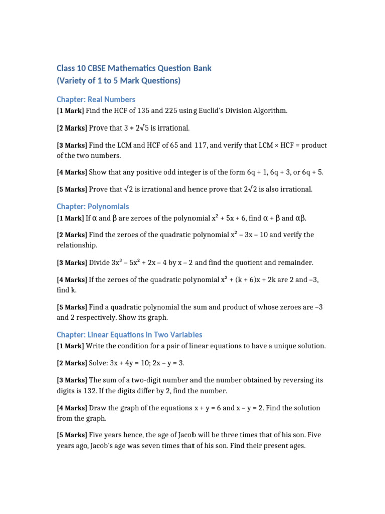 Class 10 Maths Question Bank PDF | PDF