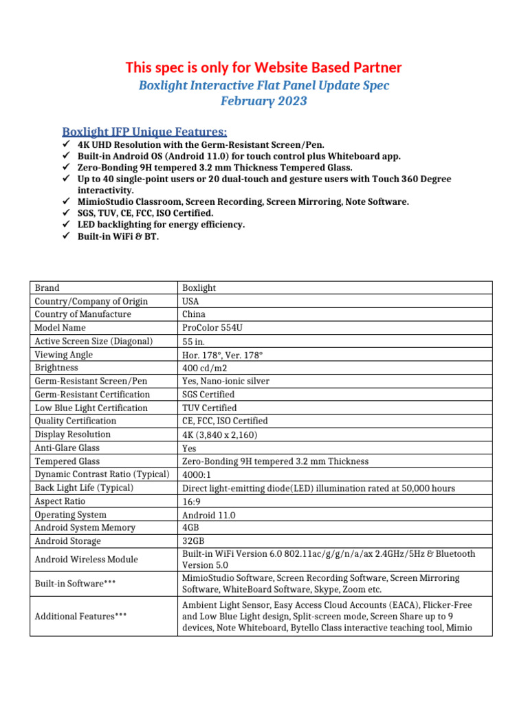 Boxlight Interactive Flat Panel Specs | PDF | Android (Operating System ...